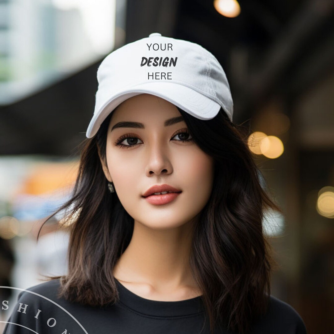 Woman Baseball Cap Mockup Gildan 18000 Black Shirt Matching White Hat ...