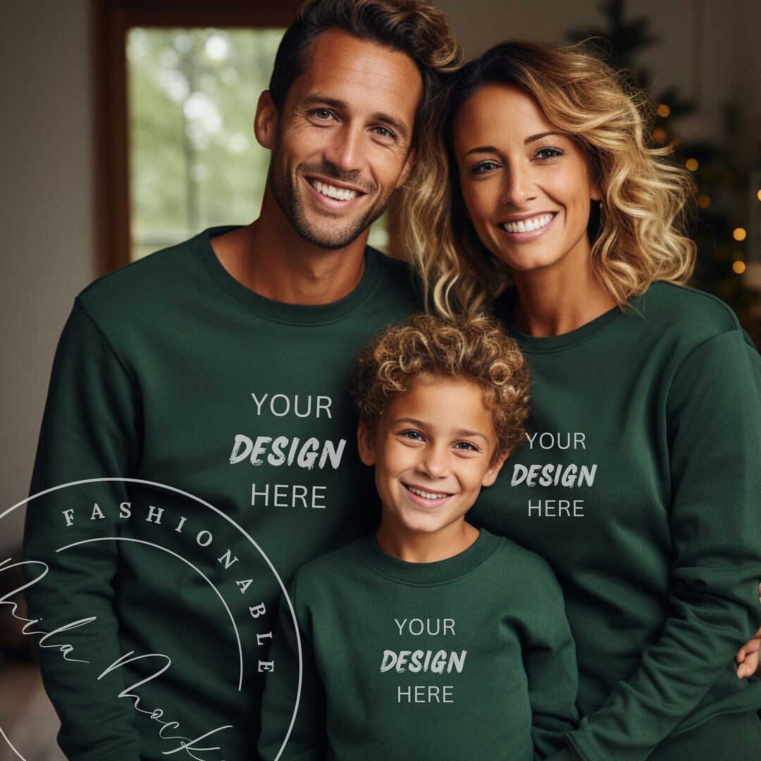 Christmas Couple Mockup Family Group Mockup Forest Green Gildan 18000 ...