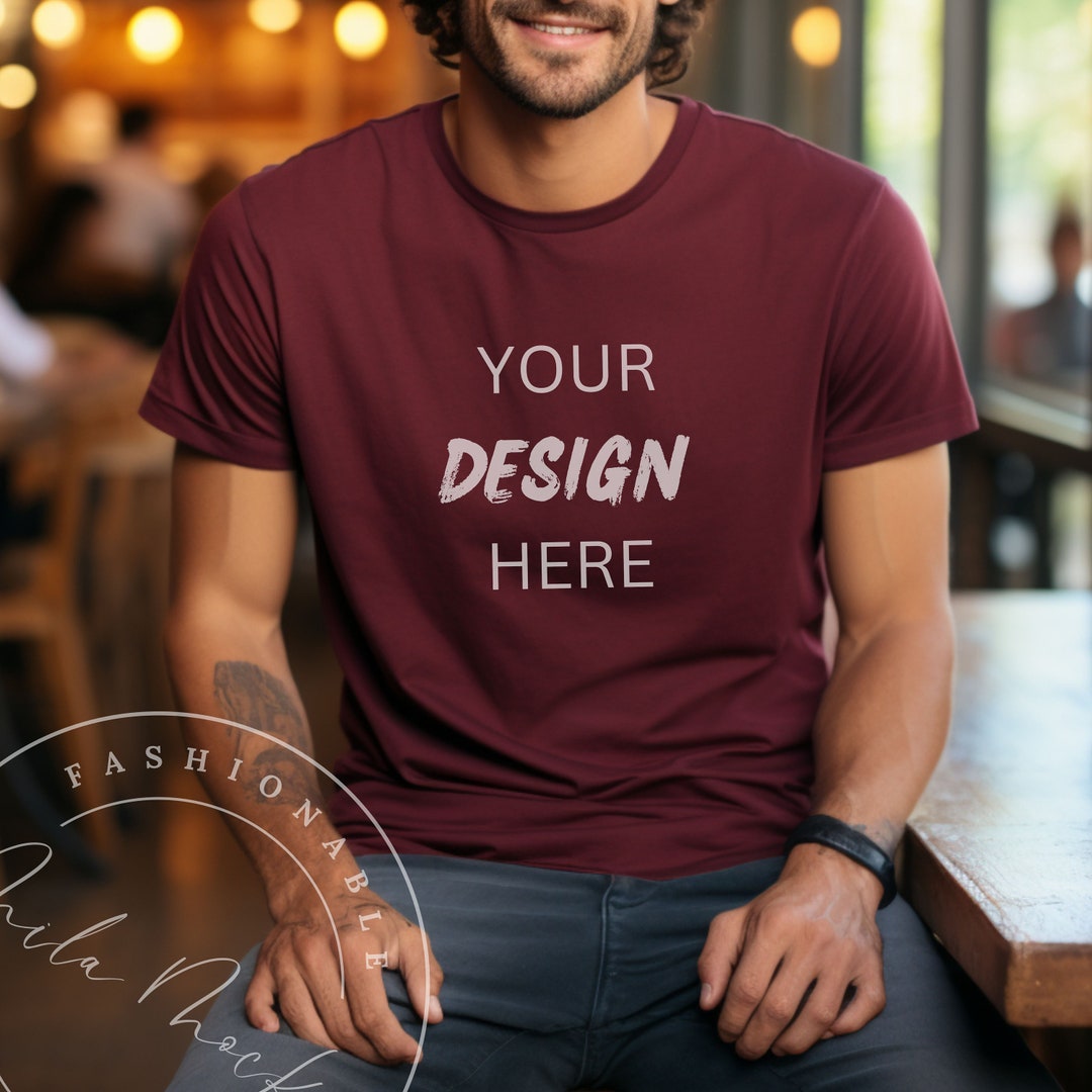 Cardinal Bella Canvas 3001 Mens Mockup Male Model Deep Cardinal Red T ...