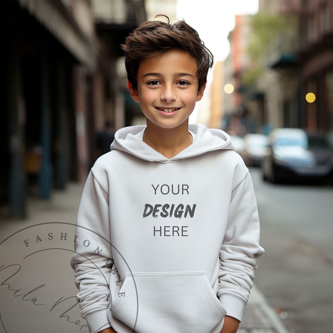 Kids Mockup Boys Arctic White AWDIS JH001J Boys Hoodie Mockup Youth ...