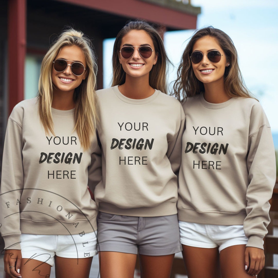 Girls Group Mockup Beach Club Sand Beige Natural Gildan 18000 Group ...