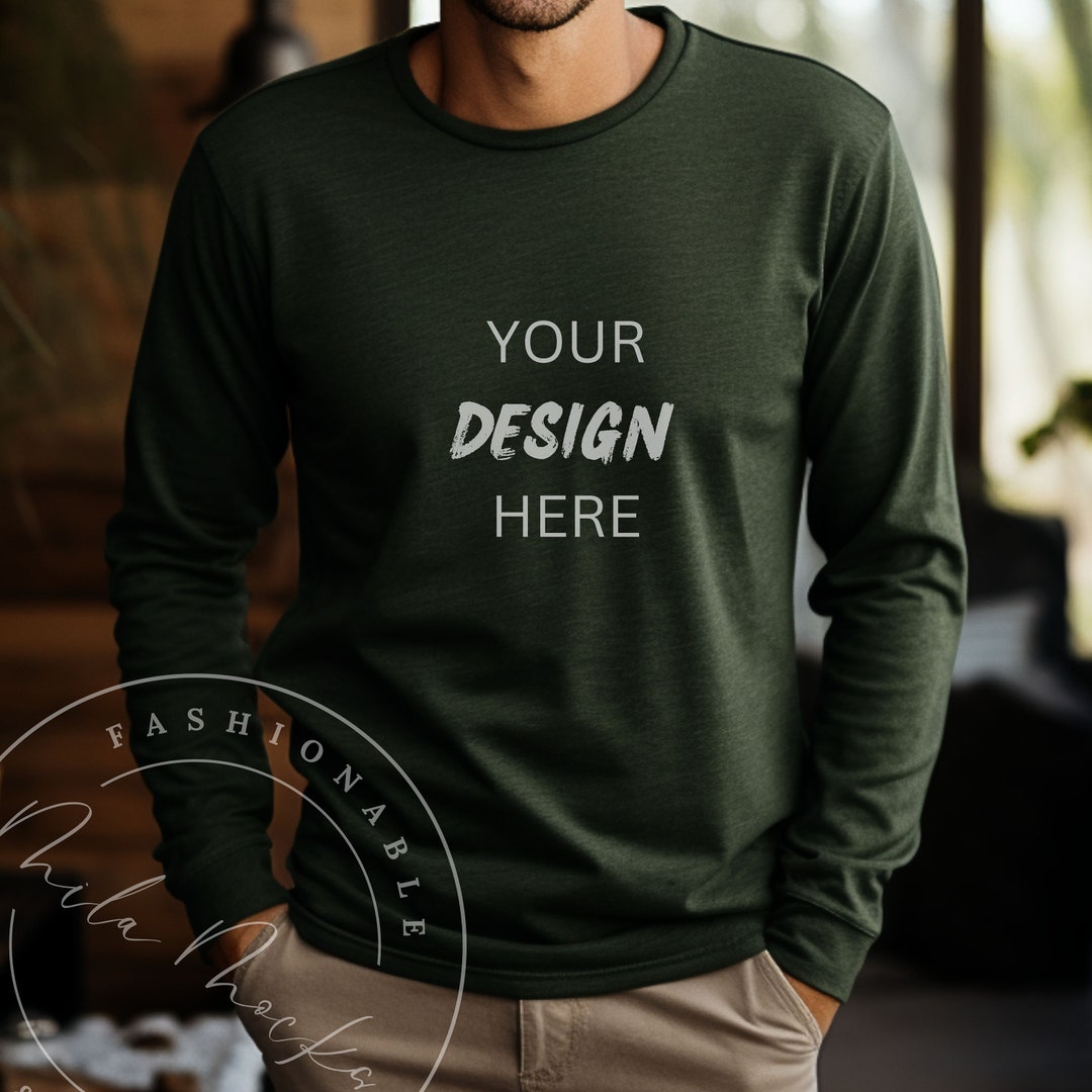 Heather Forest Green Bella Canvas 3501 Men's Long Sleeve Shirt Mockup ...
