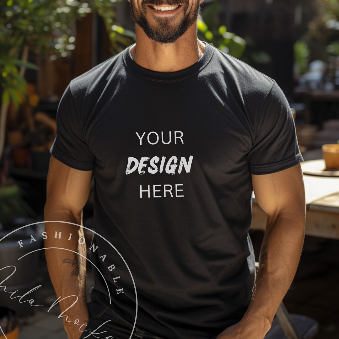 Black Gildan 5000 Mockup Male Model Mockup Men Male Model Fall ...