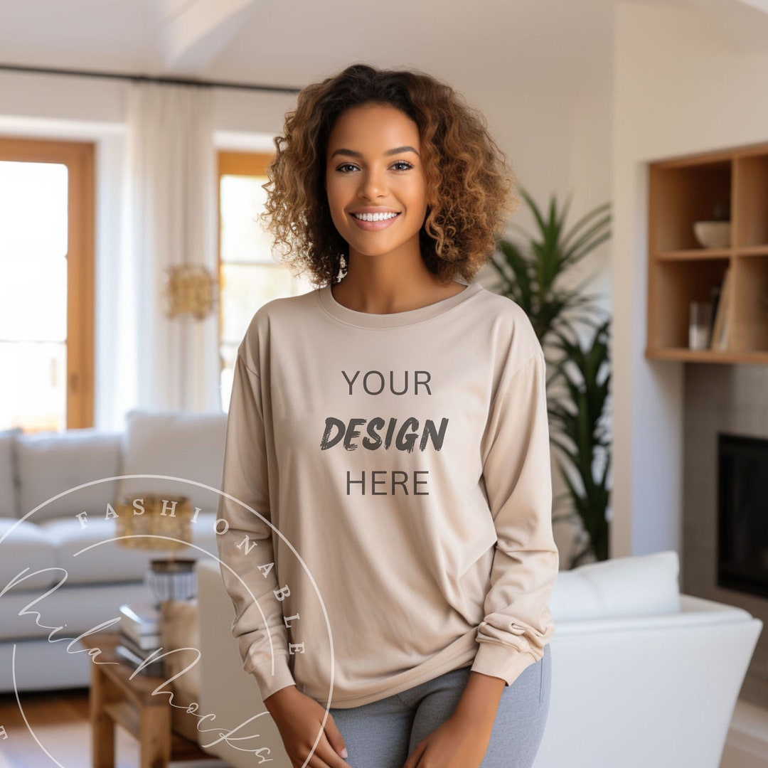 Sand American Apparel 1304 Women's Crew Neck Long Sleeve Mockup Black ...
