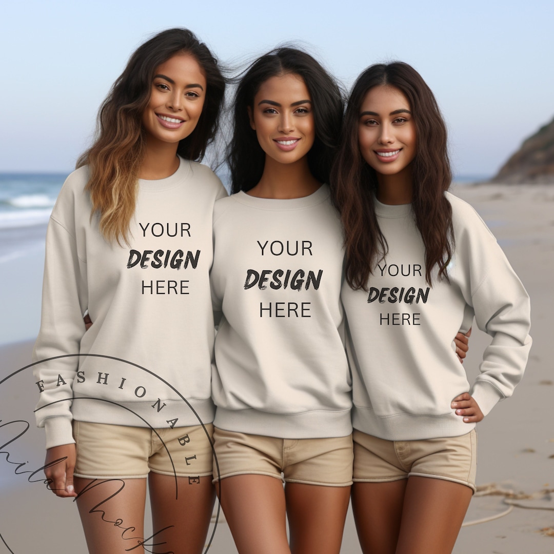 Girls Group Mockup Beach Sand Light Beige Natural Gildan 18000 Group ...