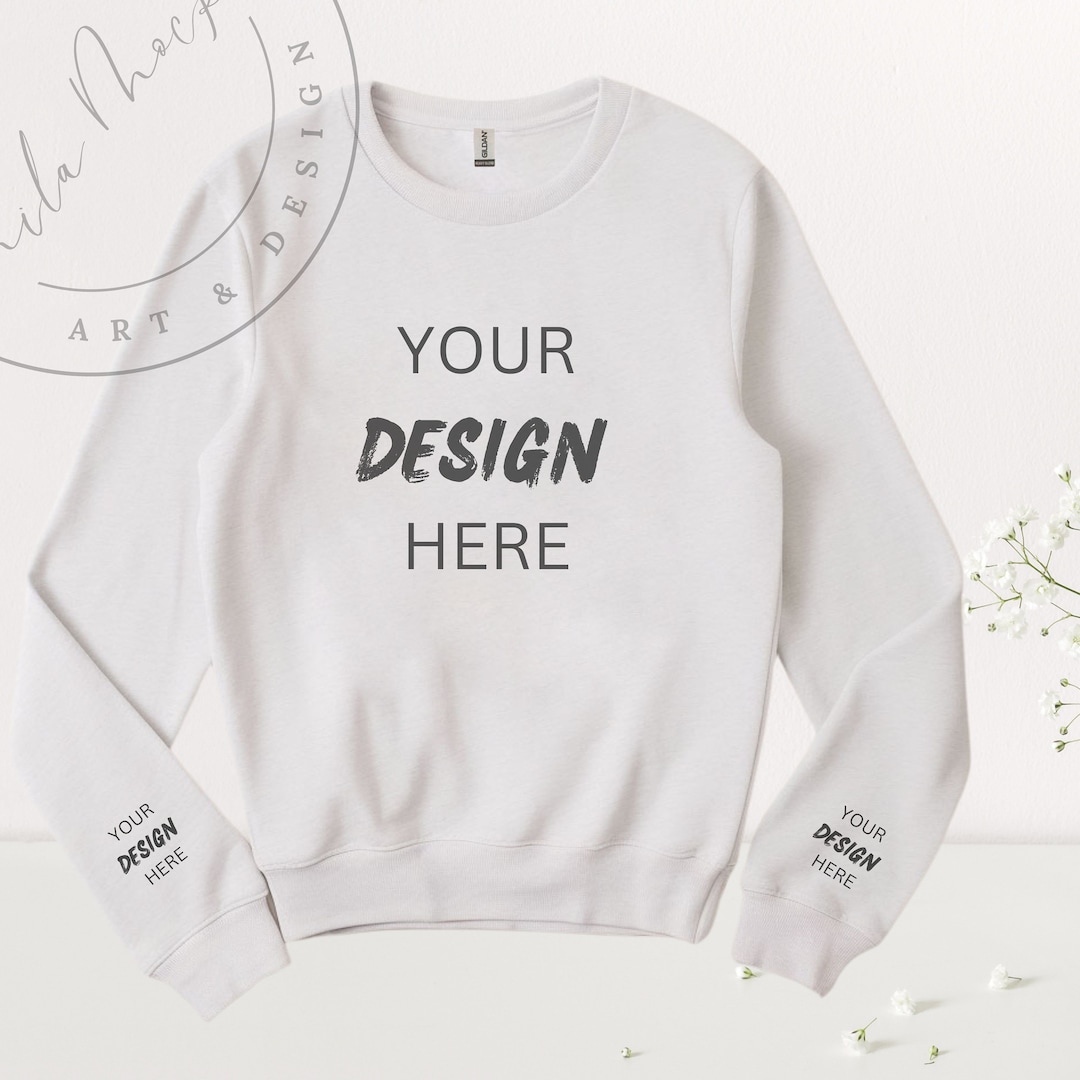 Ash Flat Lay Sweatshirt Mockup Ash Light Grey Gildan 18000 Sleeve ...