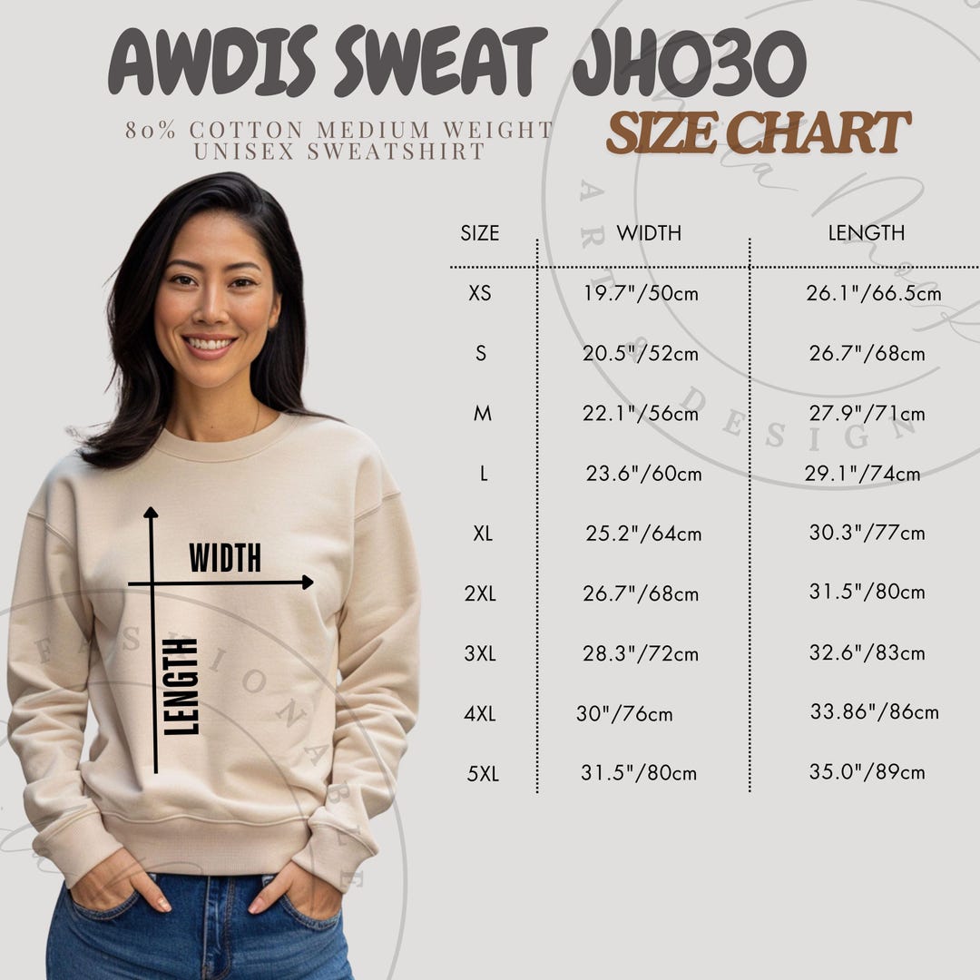 JH030 AWDIS Size Chart AWDIS Unisex Medium Weight Sweats Size Guide ...