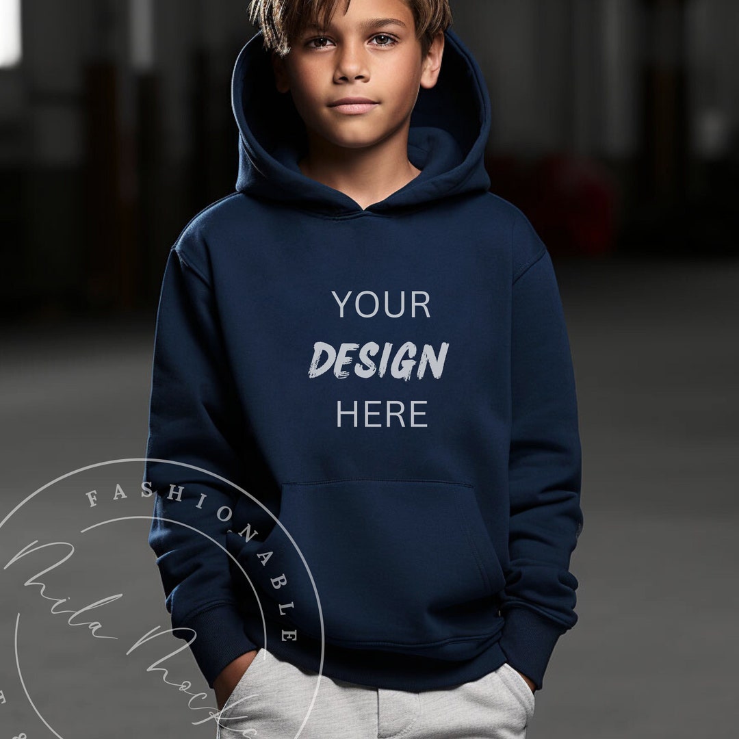 Kids Mockup Boy Navy Gildan 18500B Hoodie Middle School Boy Studio ...