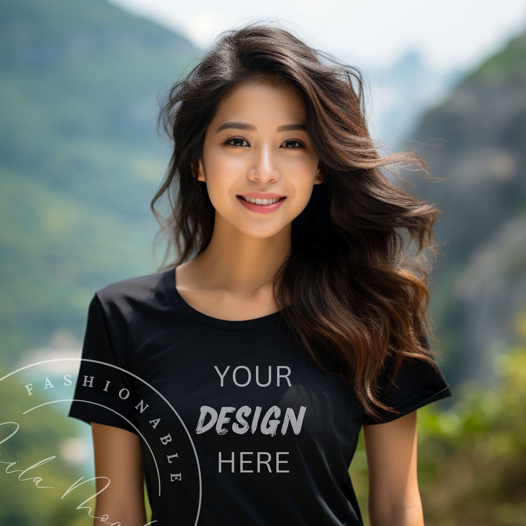 Black Bella Canvas 3001 T Shirt Mockup Asian Model Lifestyle Etsy