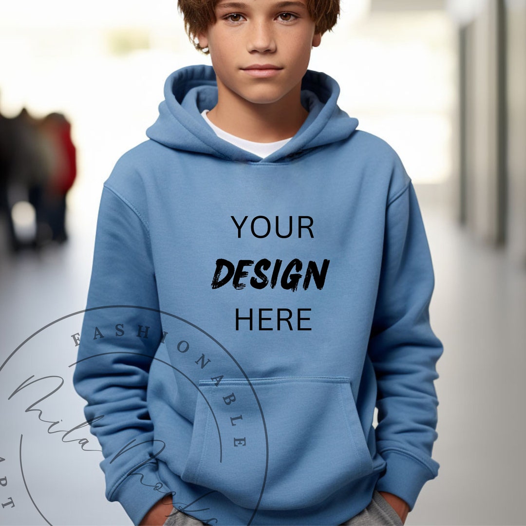 Kids Mockup Boy Carolina Light Blue Gildan 18500B Hoodie Studio Style ...