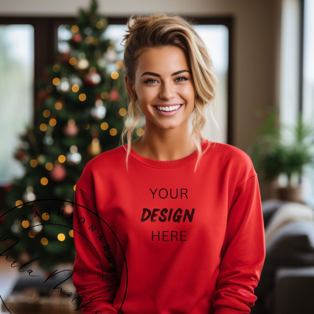 Christmas Mockup Red JERZEES 562MR Mockup Womens Red Christmas Sweater ...