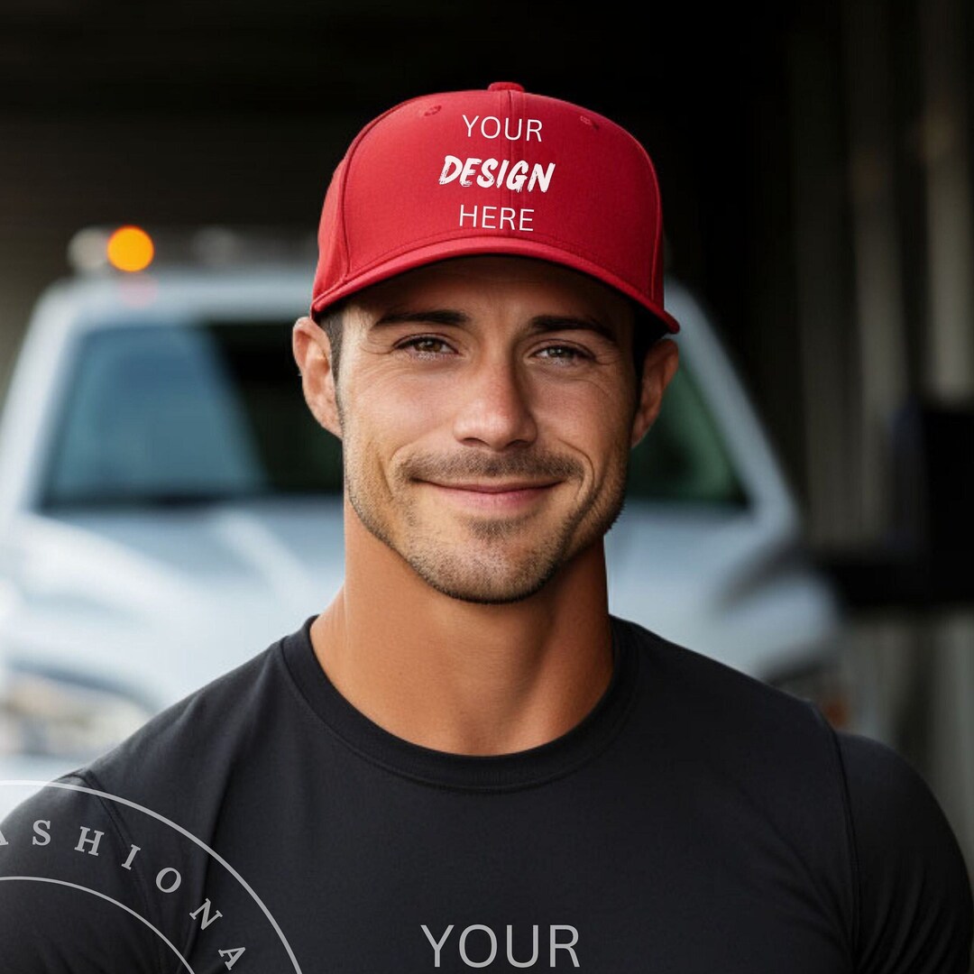 Man's Red Baseball Cap Mockup Male Red Dad Hat Mockup College Baseball ...