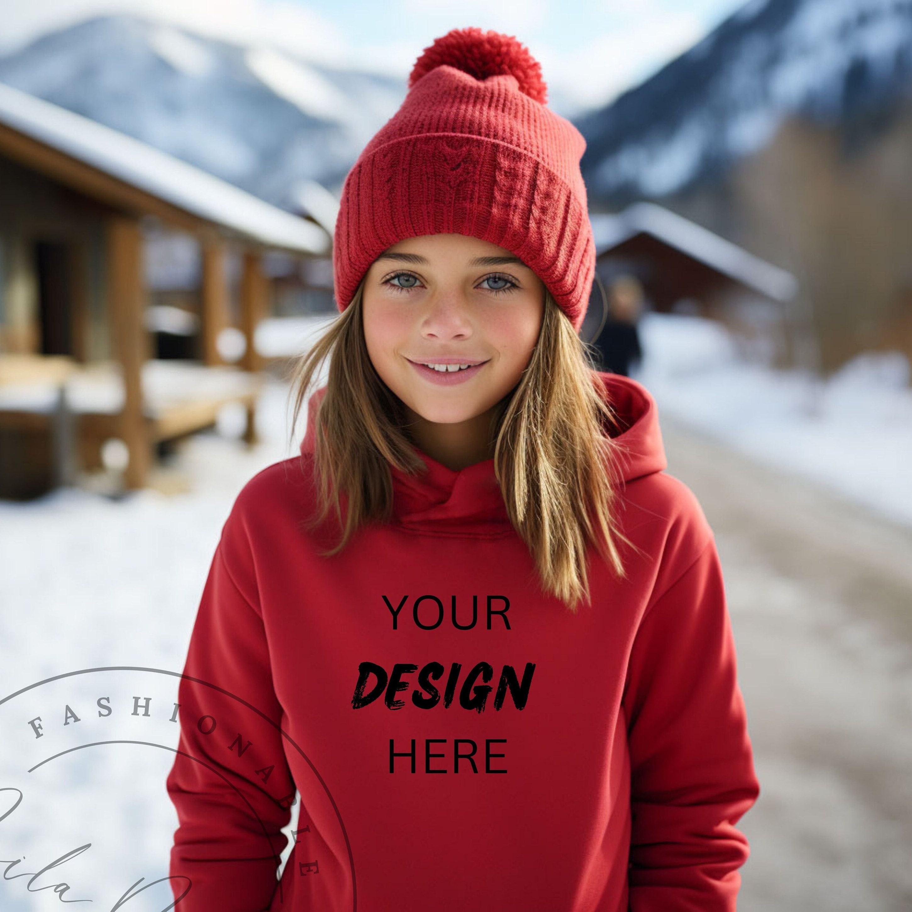 Kids Mockup Fall Winter Fire Red AWDIS JH001J Girl Hoodie Beanie Hat ...