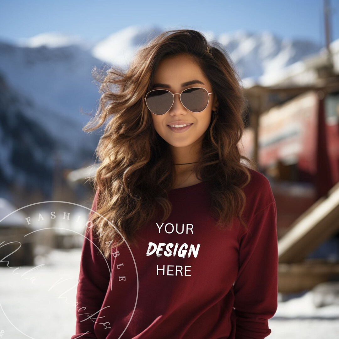 Maroon Gildan 18000 Woman Mockup Maroon Crewneck Asian Model Girl ...