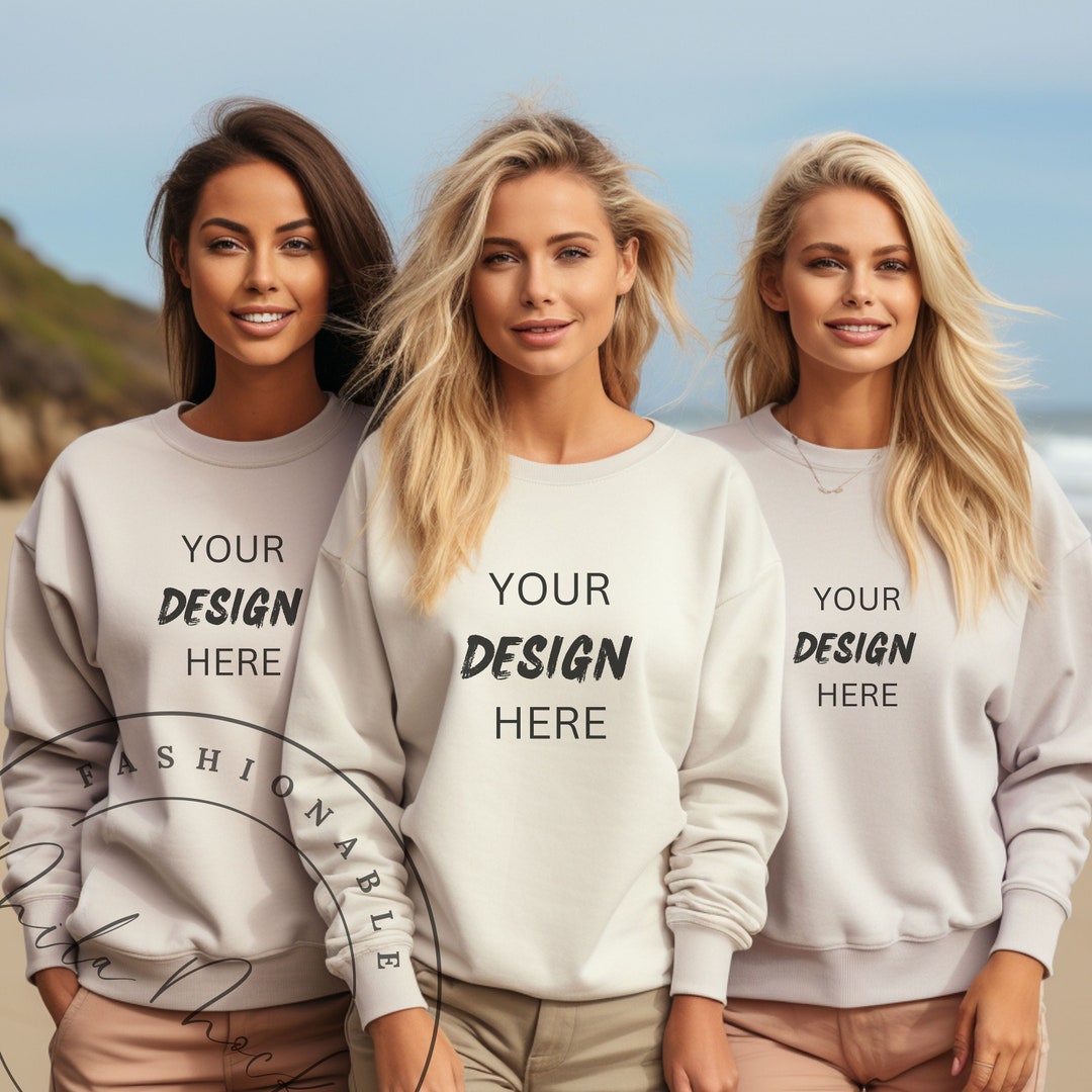 Girls Group Mockup Beach Sand Light Beige Natural Gildan 18000 Group ...