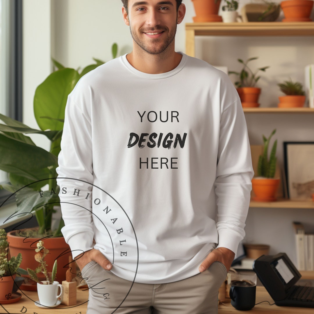 Male Mockup White Gildan 2400 Long Sleeve Cotton Shirt Mockup Manly Man ...