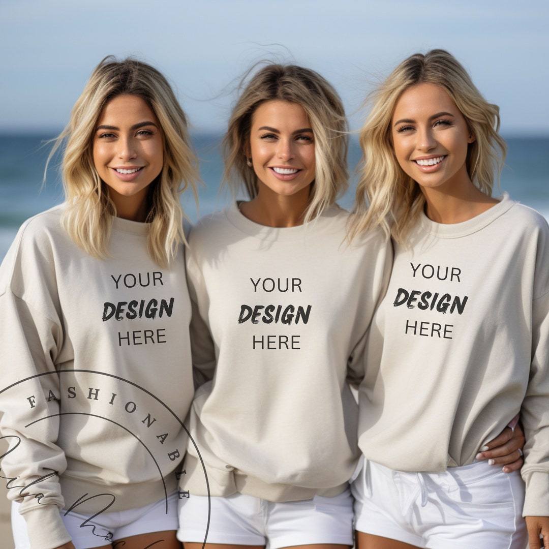 Girls Group Mockup Beach Sand Light Beige Natural Gildan 18000 Group ...