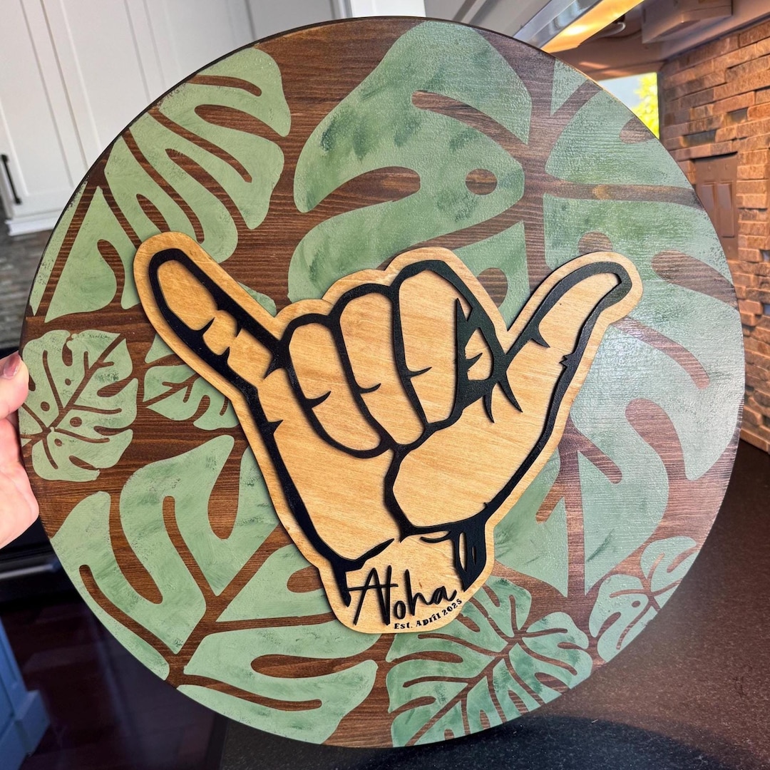 Aloha Shaka Sign: 18" Wood Wall Art With Hand-painted Monstera Leaves ...
