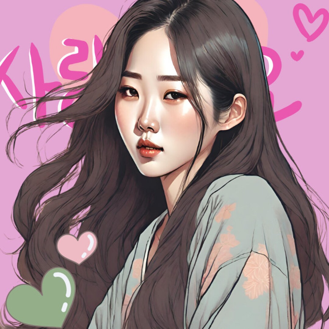 Cute Korean Asian Woman Girl Love Saranghae Positive Green Pink ...