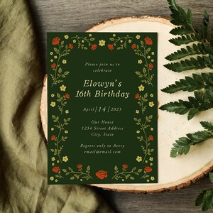 Forest Green Birthday Invitation Template, Sage Rose Vines Greenery ...