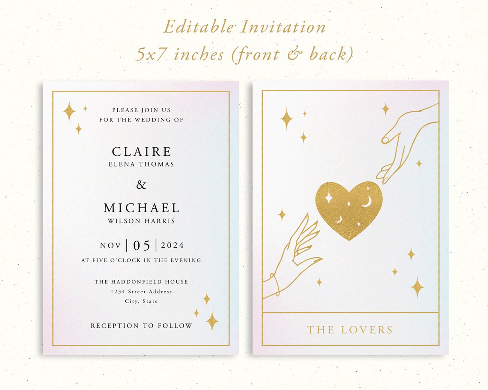 Tarot Wedding Invitation Suite Template, Pearlescent Mystical Pastel ...