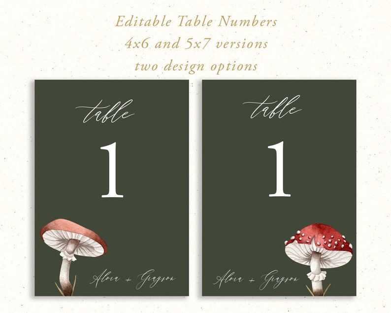 Forest Green Wedding Table Number Template, Fairytale Mushroom Mountain ...
