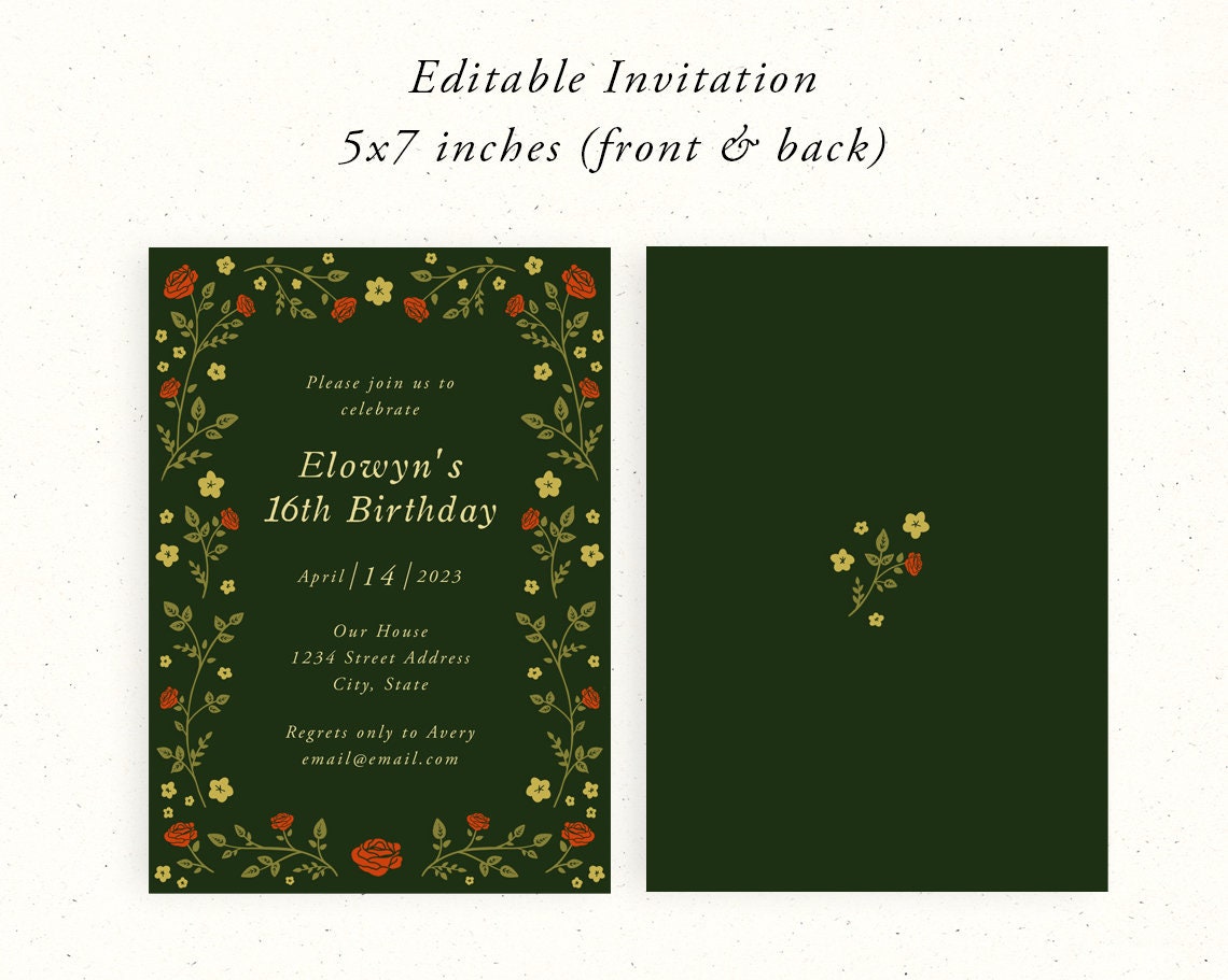 Forest Green Birthday Invitation Template, Sage Rose Vines Greenery ...