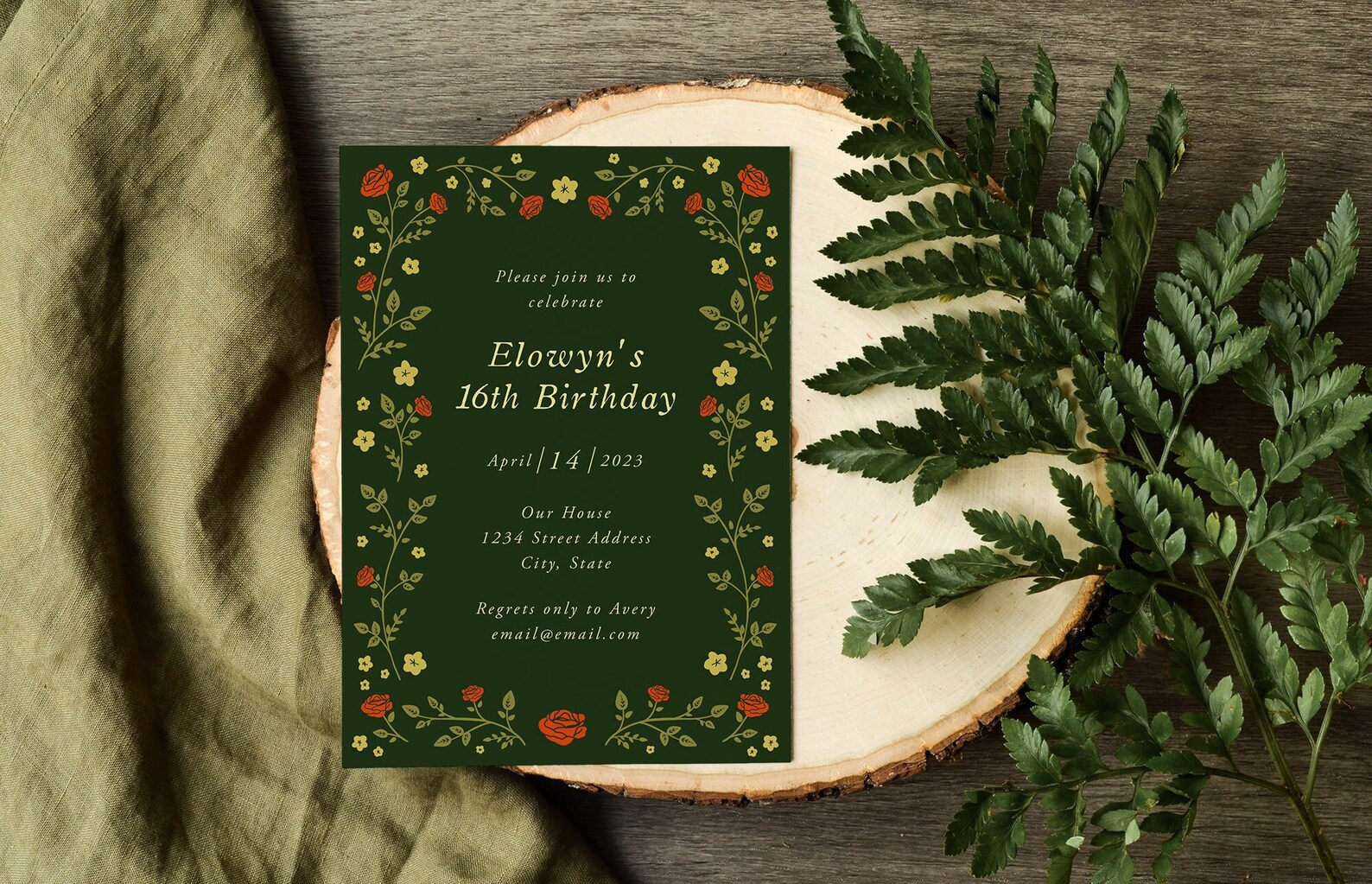 Forest Green Birthday Invitation Template, Sage Rose Vines Greenery ...