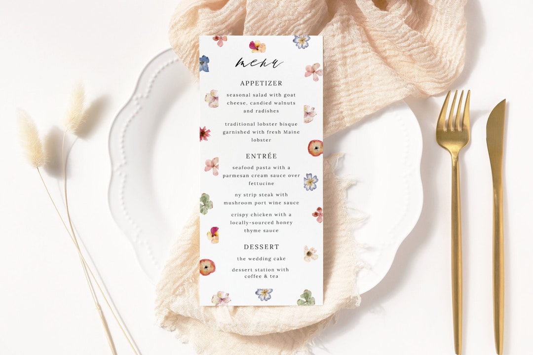 Wildflower Wedding Menu Template, Pressed Flowers, Floral Wedding Menu ...