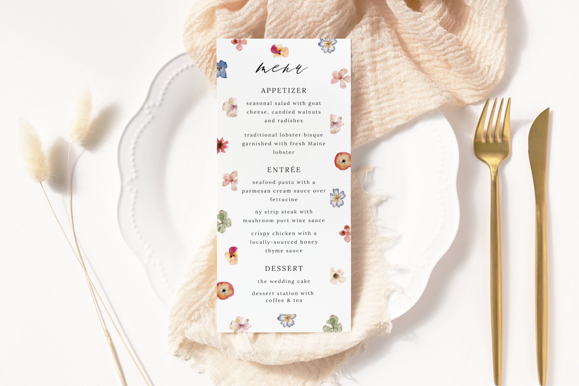 Wildflower Wedding Menu Template, Pressed Flowers, Floral Wedding Menu ...