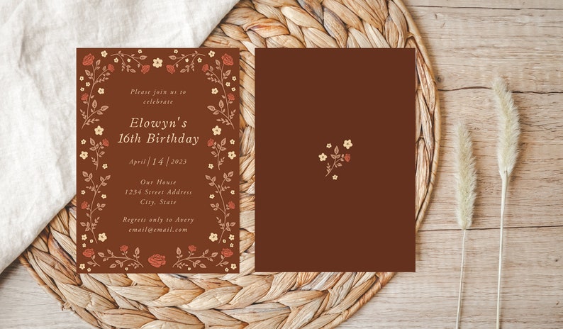 Rust Birthday Invitation Template, Burnt Orange Rose Vines Greenery ...