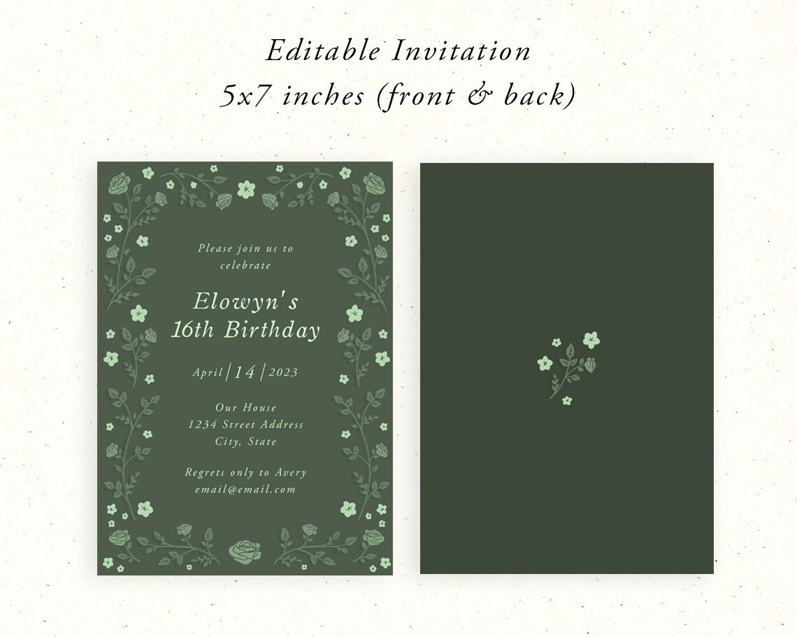 Sage Green Birthday Invitation Template, Rose Vines Greenery Floral ...