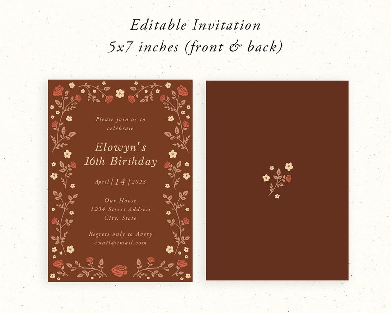 Rust Birthday Invitation Template, Burnt Orange Rose Vines Greenery ...