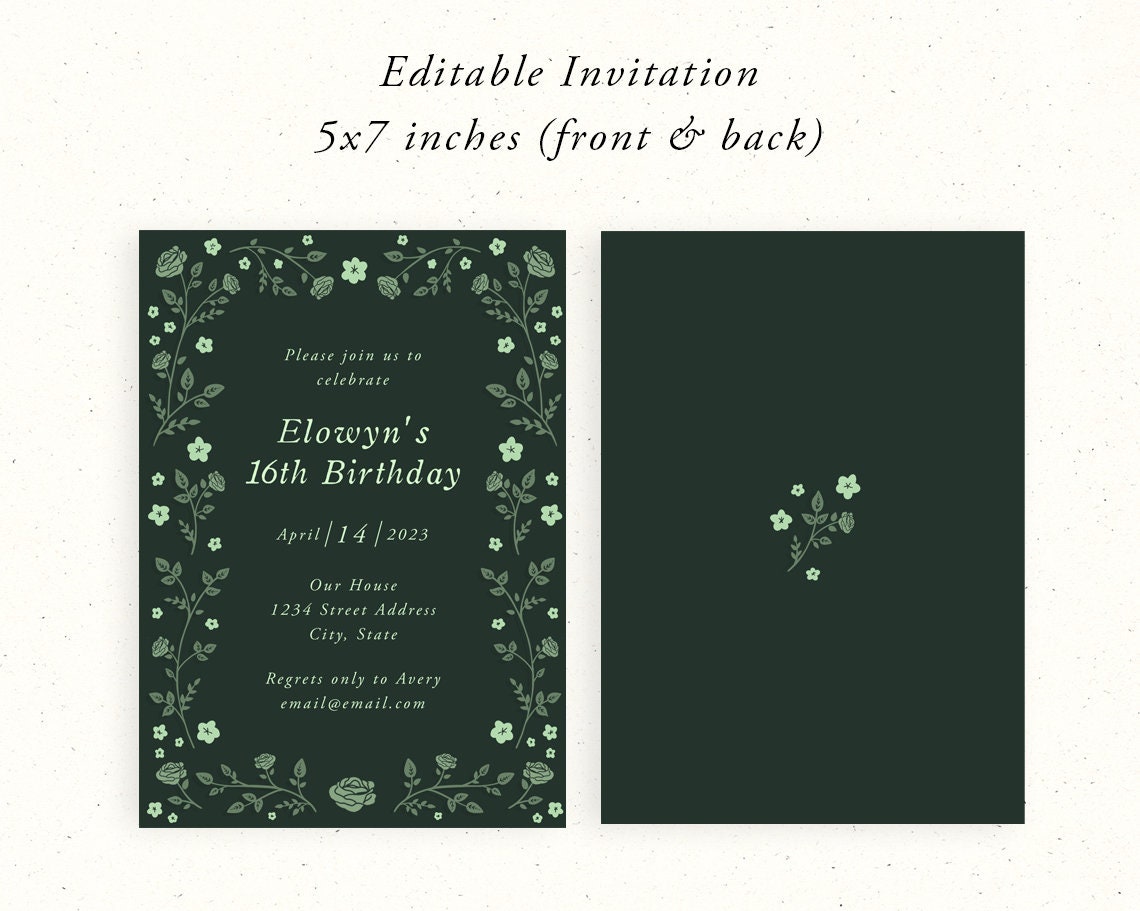 Emerald Green Birthday Invitation Template, Sage Rose Vines Greenery ...
