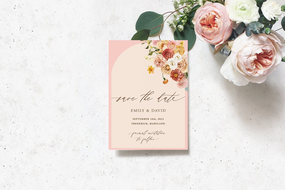 Spring Pink Floral Arch Save the Date Wedding Template, Editable ...