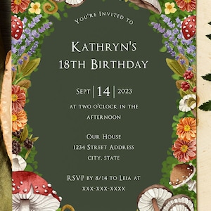 Forest Green Birthday Invitation Template, Fairytale Mushroom Mountain ...