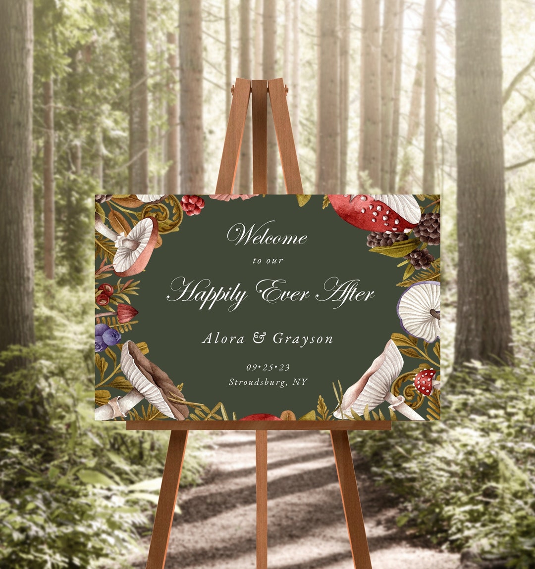 Forest Green Wedding Welcome Sign Template, Fairytale Mushroom Mountain ...