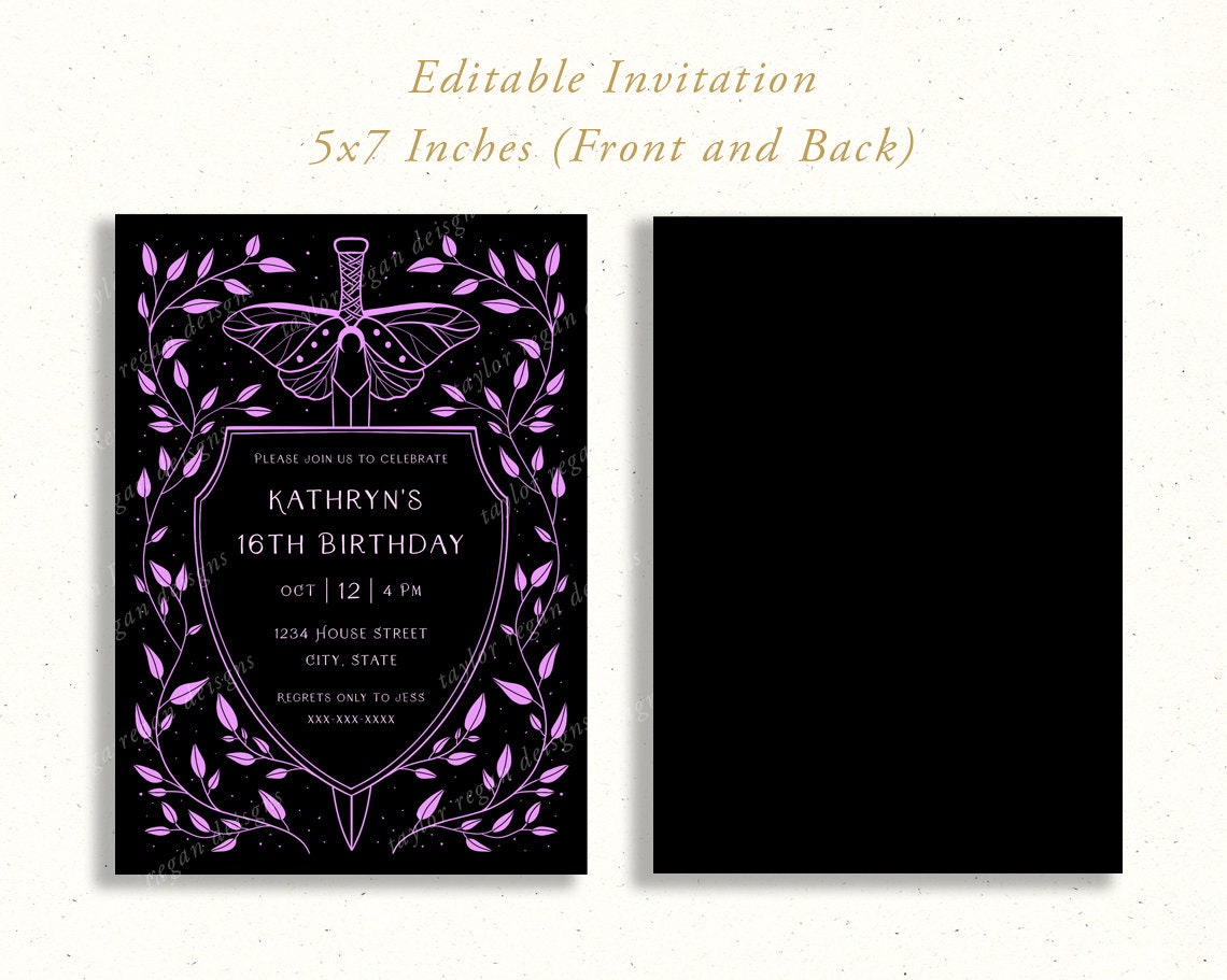 Purple Fantasy Birthday Invitation Template, Fairytale Knightcore Moth ...