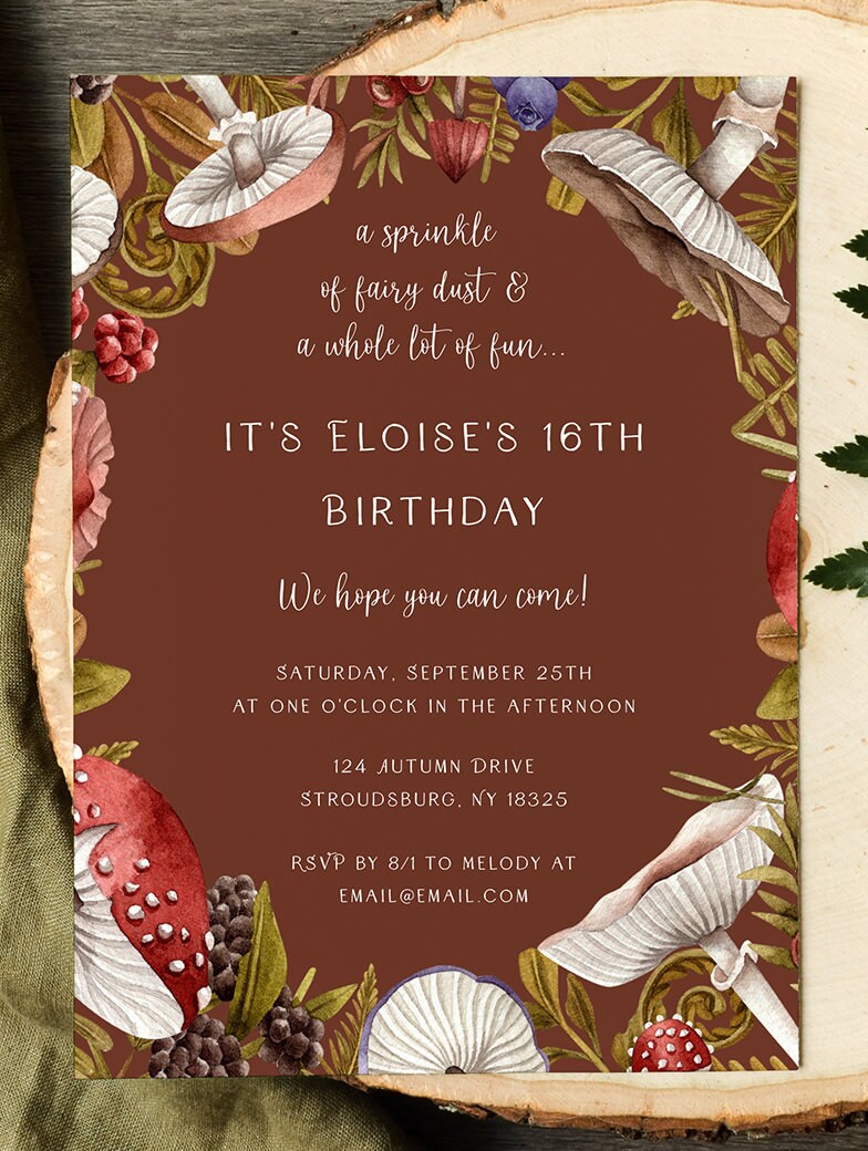 Forest Rust Birthday Invitation Template, Fairytale Mushroom Mountain ...
