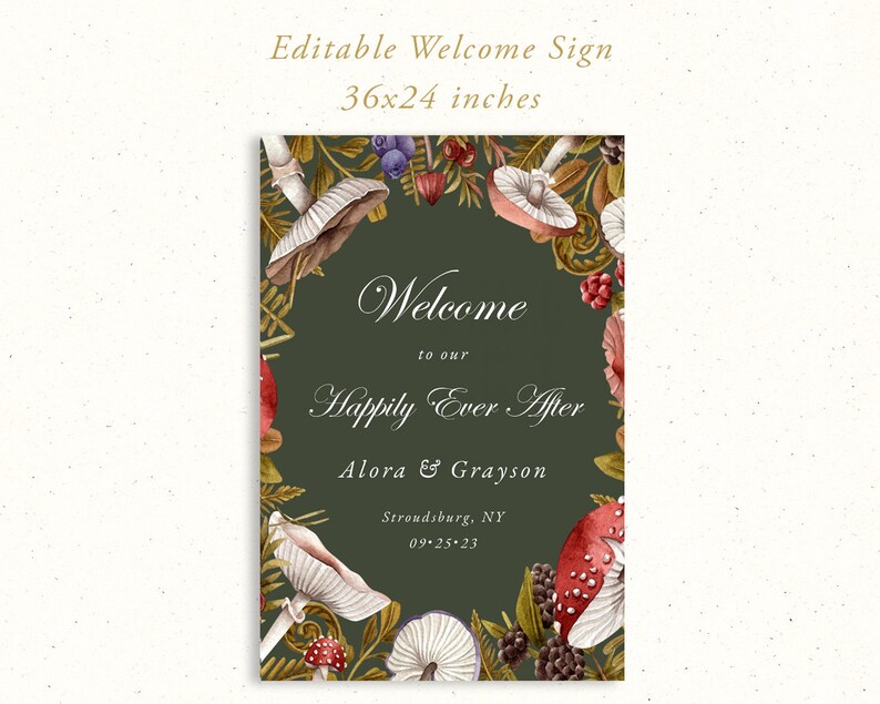 Forest Green Wedding Welcome Sign Template, Fairytale Mushroom Mountain ...