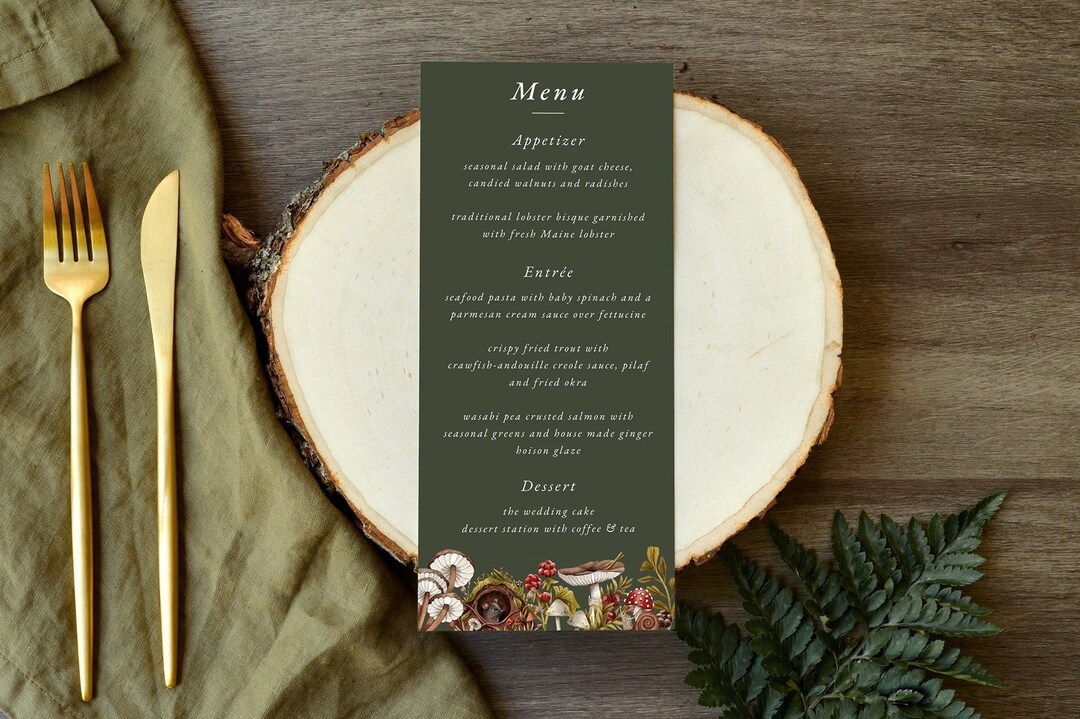 Forest Green Wedding Menu Template, Fairytale Mushroom Mountain ...