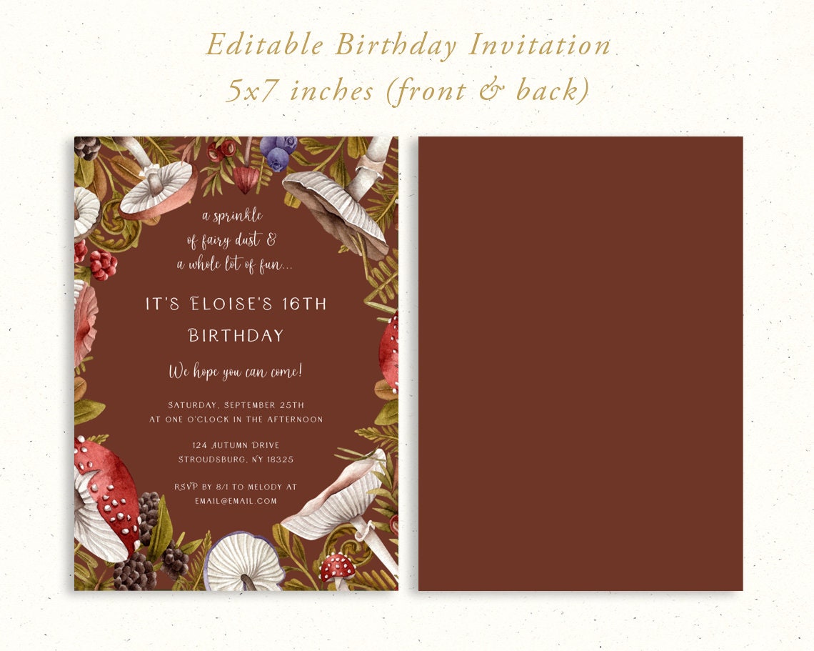 Forest Rust Birthday Invitation Template Fairytale Mushroom - Etsy
