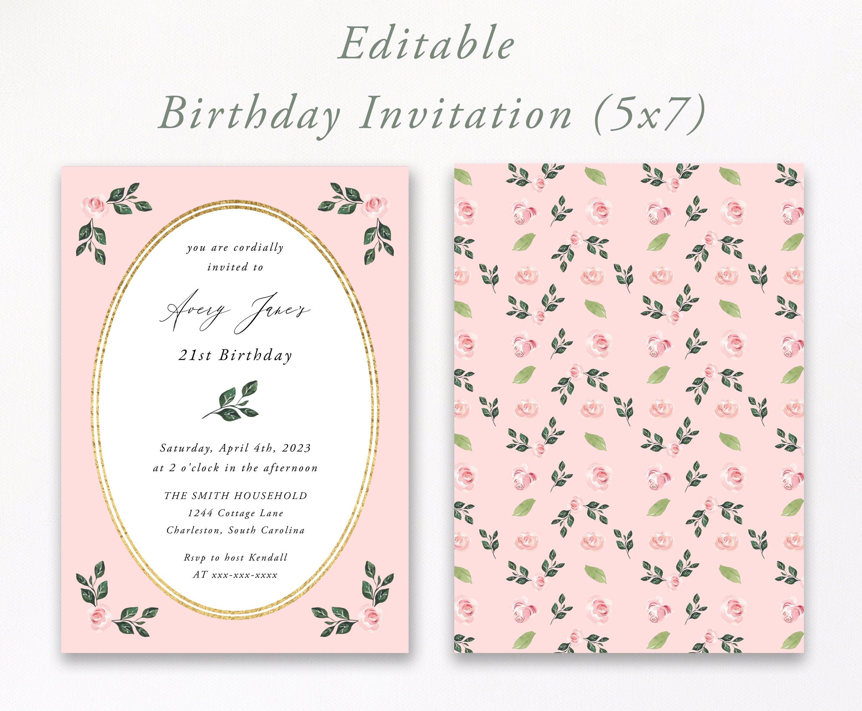 Pink Cottagecore Birthday Invitation Template, 5x7, Regency Period ...
