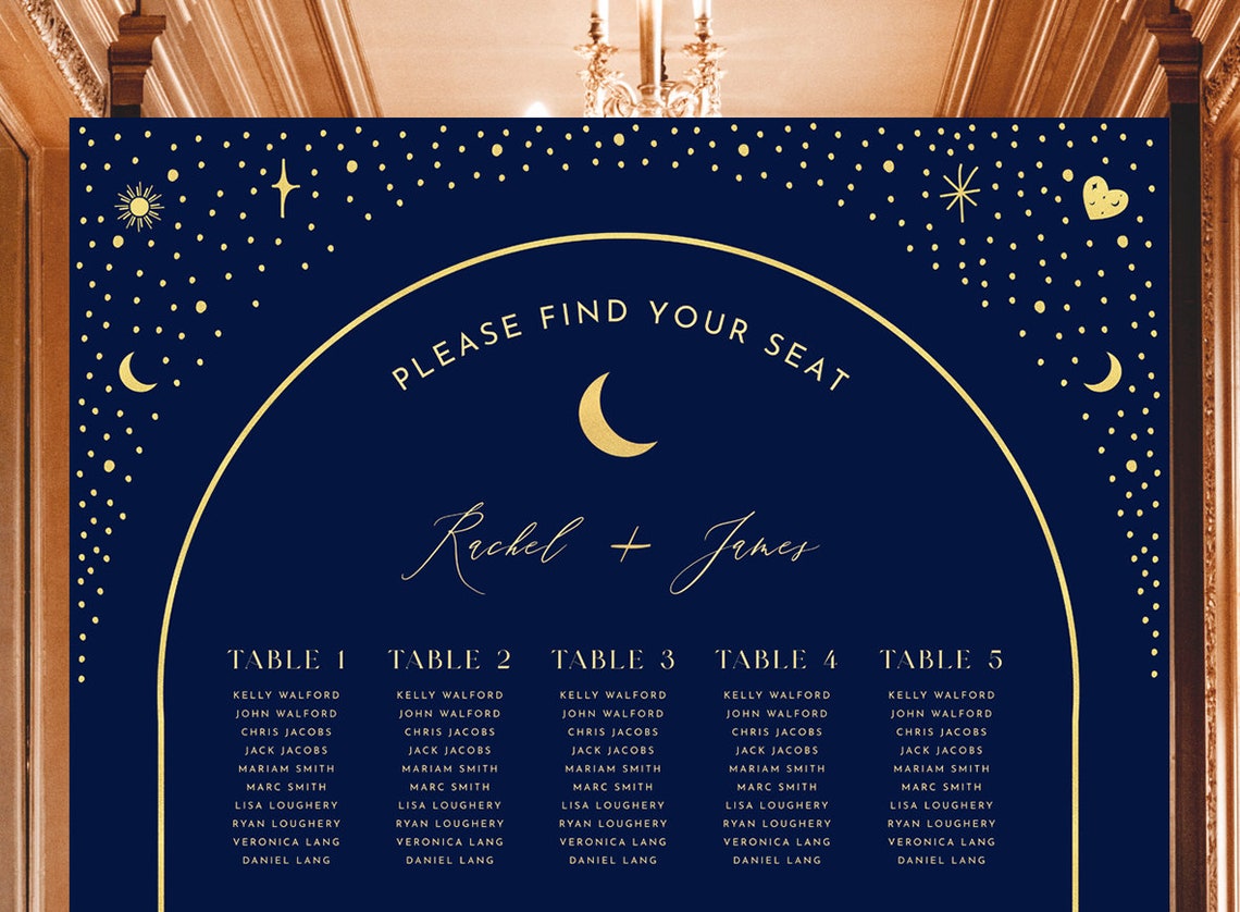 Navy Blue Celestial Arch Wedding Seating Chart Template 18x24, Magical ...