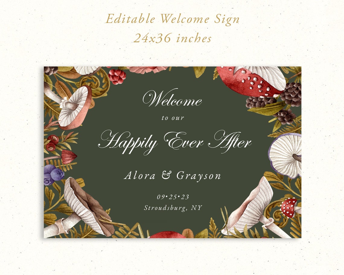 Forest Green Wedding Welcome Sign Template, Fairytale Mushroom Mountain ...