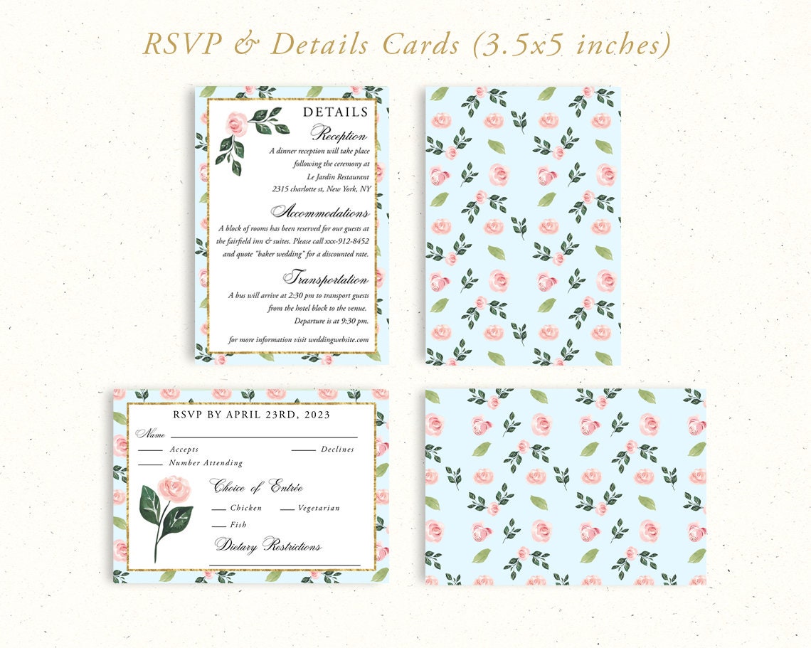 Blue Cottagecore Wedding Invitation Suite Template, 5x7, RSVP, Details ...
