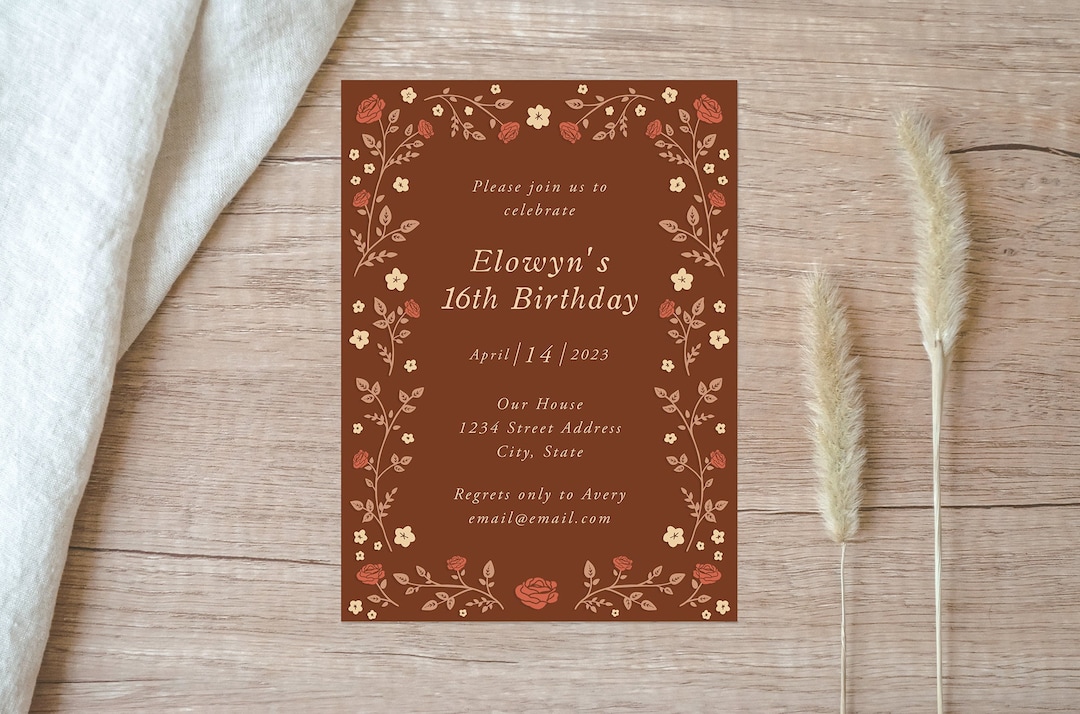 Rust Birthday Invitation Template, Burnt Orange Rose Vines Greenery ...