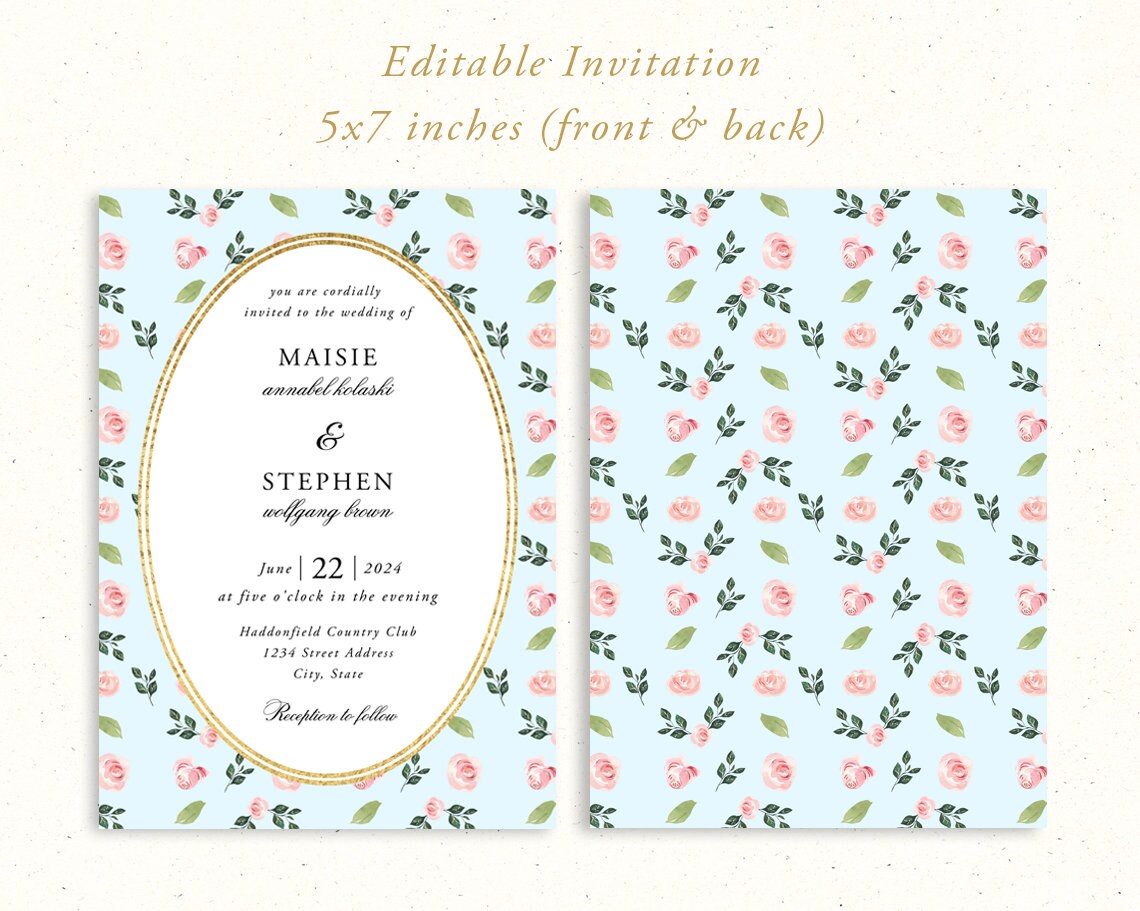 Blue Cottagecore Wedding Invitation Suite Template, 5x7, RSVP, Details ...