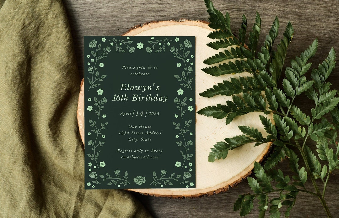 Emerald Green Birthday Invitation Template, Sage Rose Vines Greenery ...