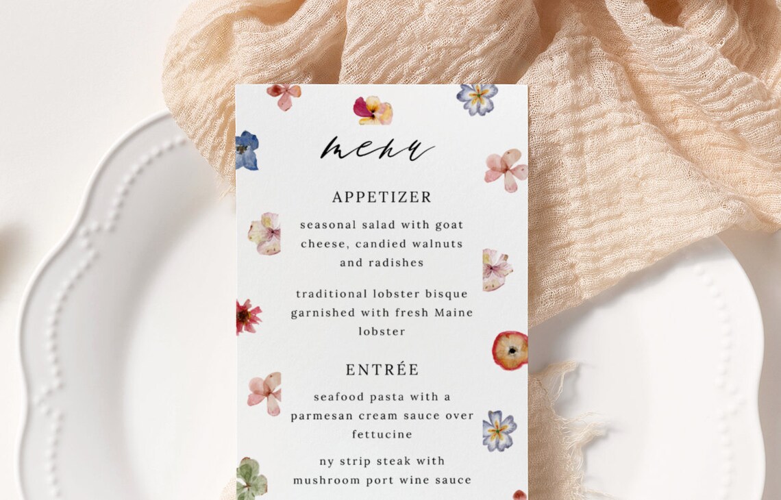 Wildflower Wedding Menu Template, Pressed Flowers, Floral Wedding Menu ...